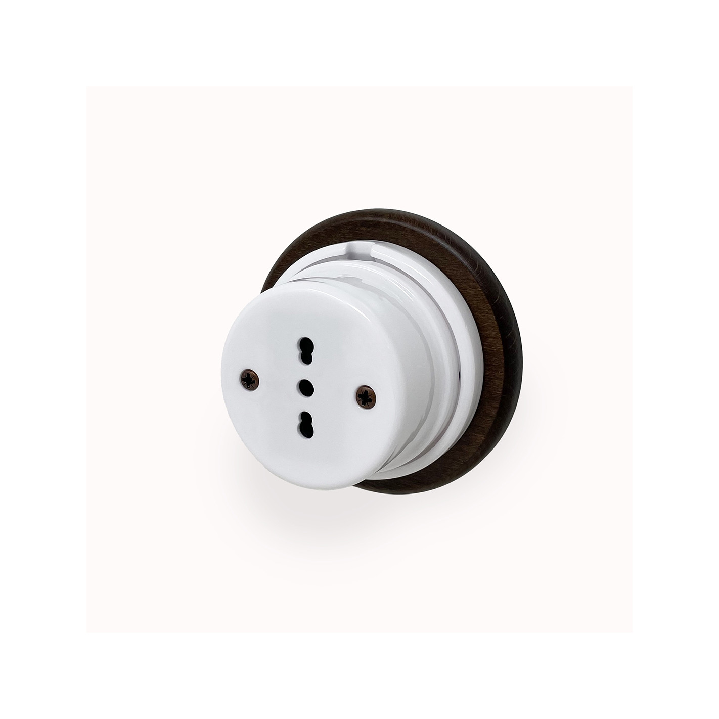 White Porcelain 2 Pin Wall Socket with Dark Wood Base ø100mm - vintage ...