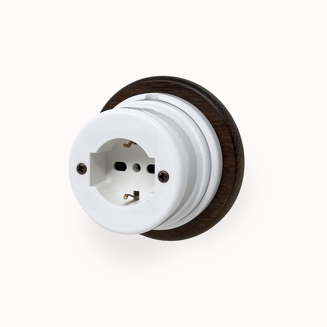 White Porcelain 2 Pin Schuko Wall Socket with Dark Wood Base ø110mm ...